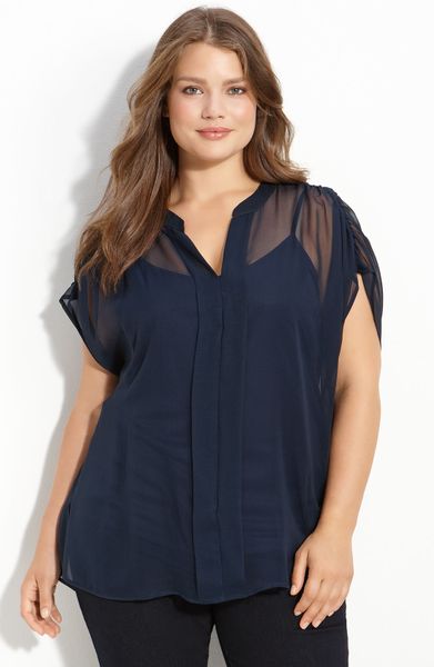 Olivia Moon Sheer Blouse with Camisole (plus) in Blue (navy) | Lyst