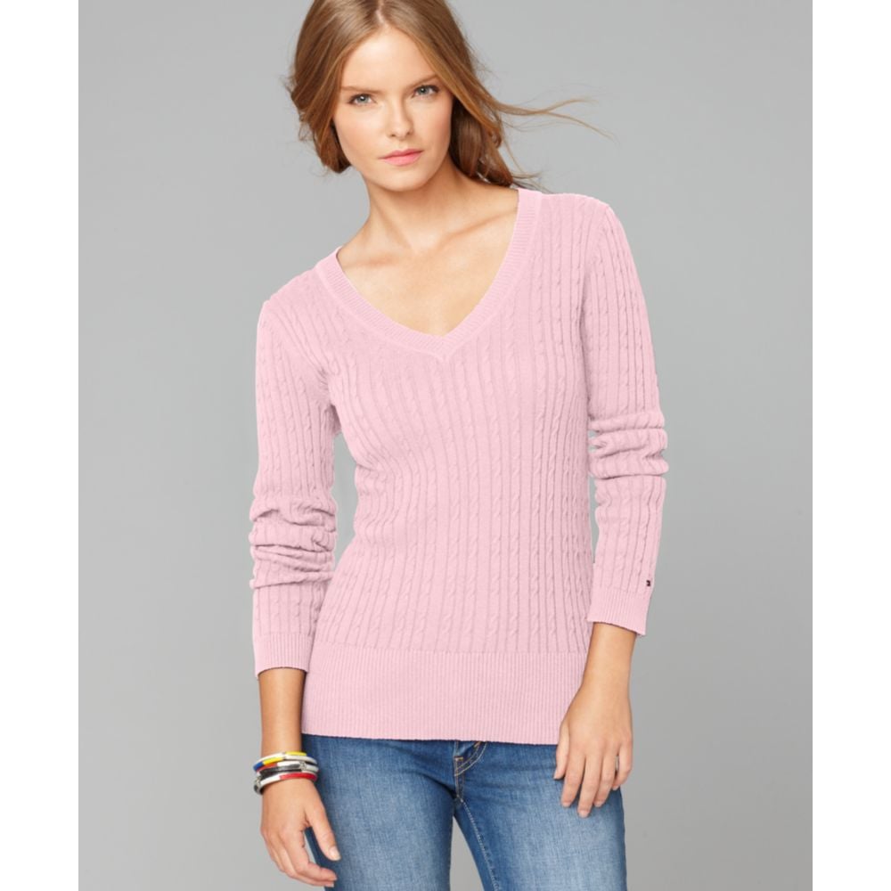Tommy Hilfiger Jenny Long Sleeve Solid Cable Knit Sweater In Pink New