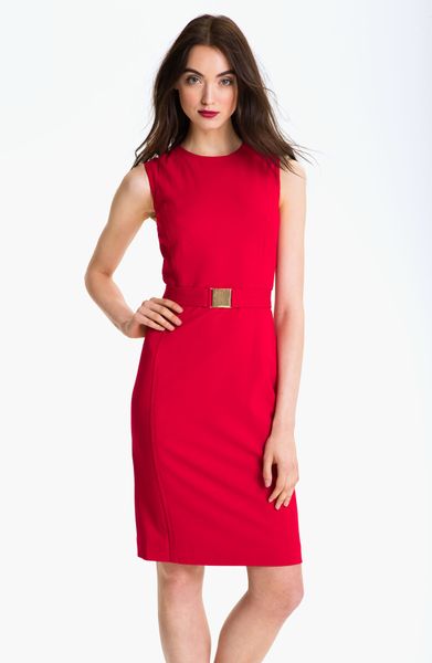 Calvin Klein Belted Sleeveless Sheath Dress In Red Lyst