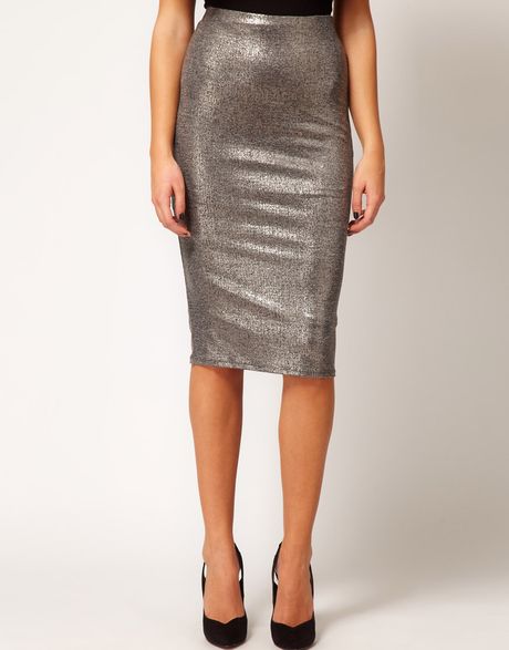 River Island Metallic Silver Pencil Skirt In Silver Lyst