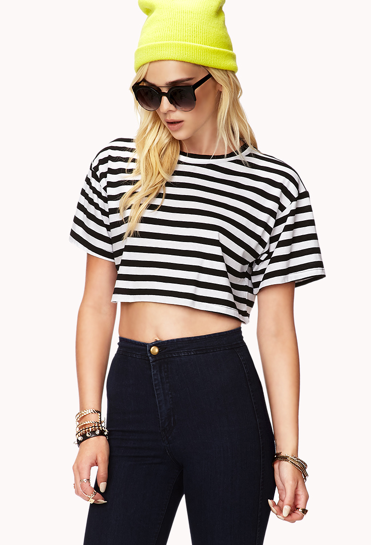 Forever 21 Striped Crop Top In Black Cream Black Lyst