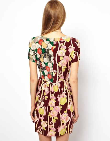 Asos Skater Dress With Floral Patchwork In Multicolor Print Lyst