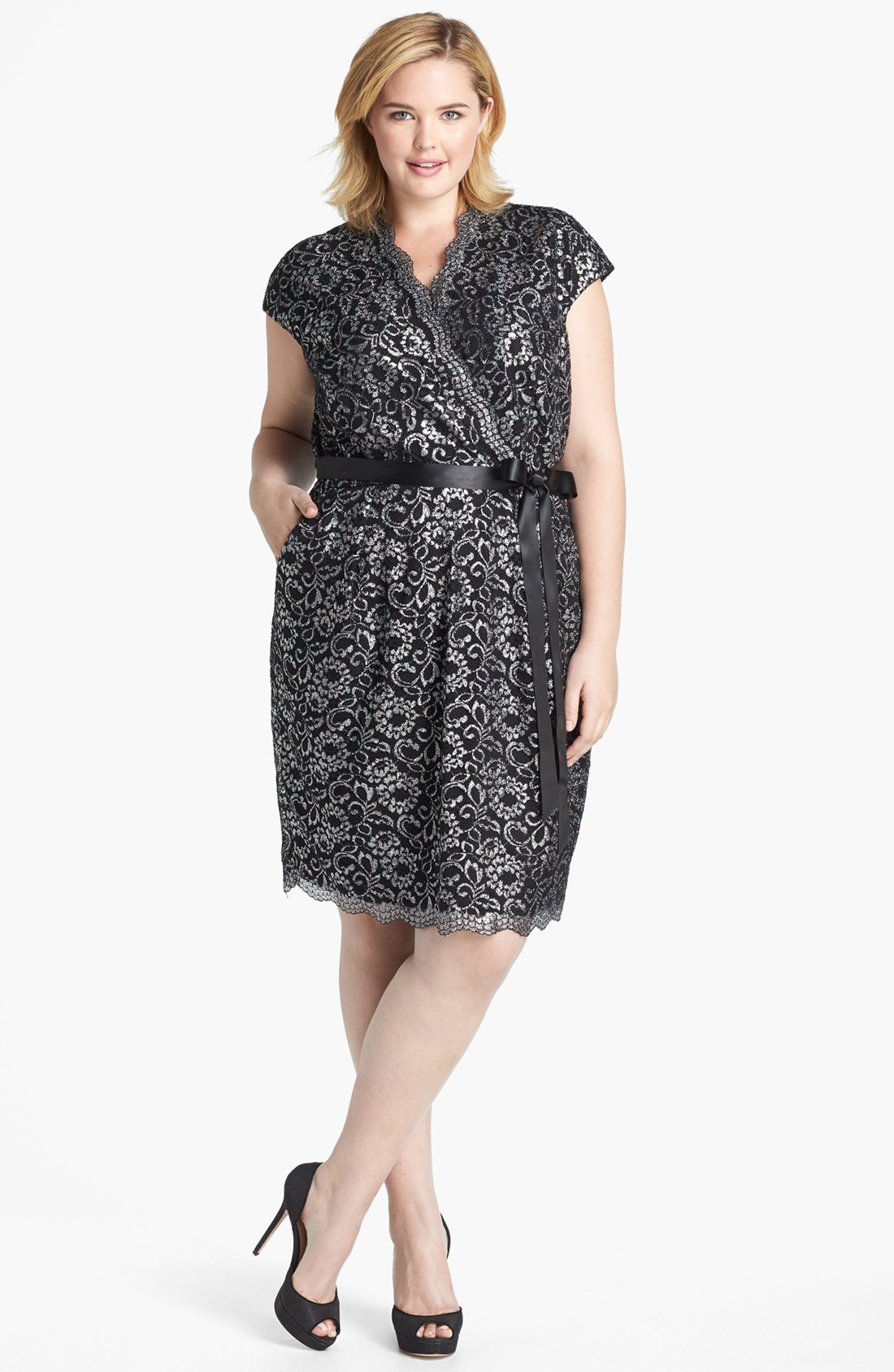 Alex Evenings Lace Faux Wrap Dress In Silver Black Silver Lyst