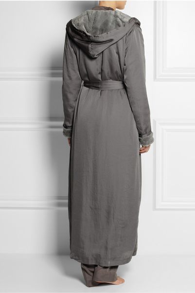 Donna Karan Sleepwear Hooded Faux Fur Lined Washed Satin Robe In Gray Lyst