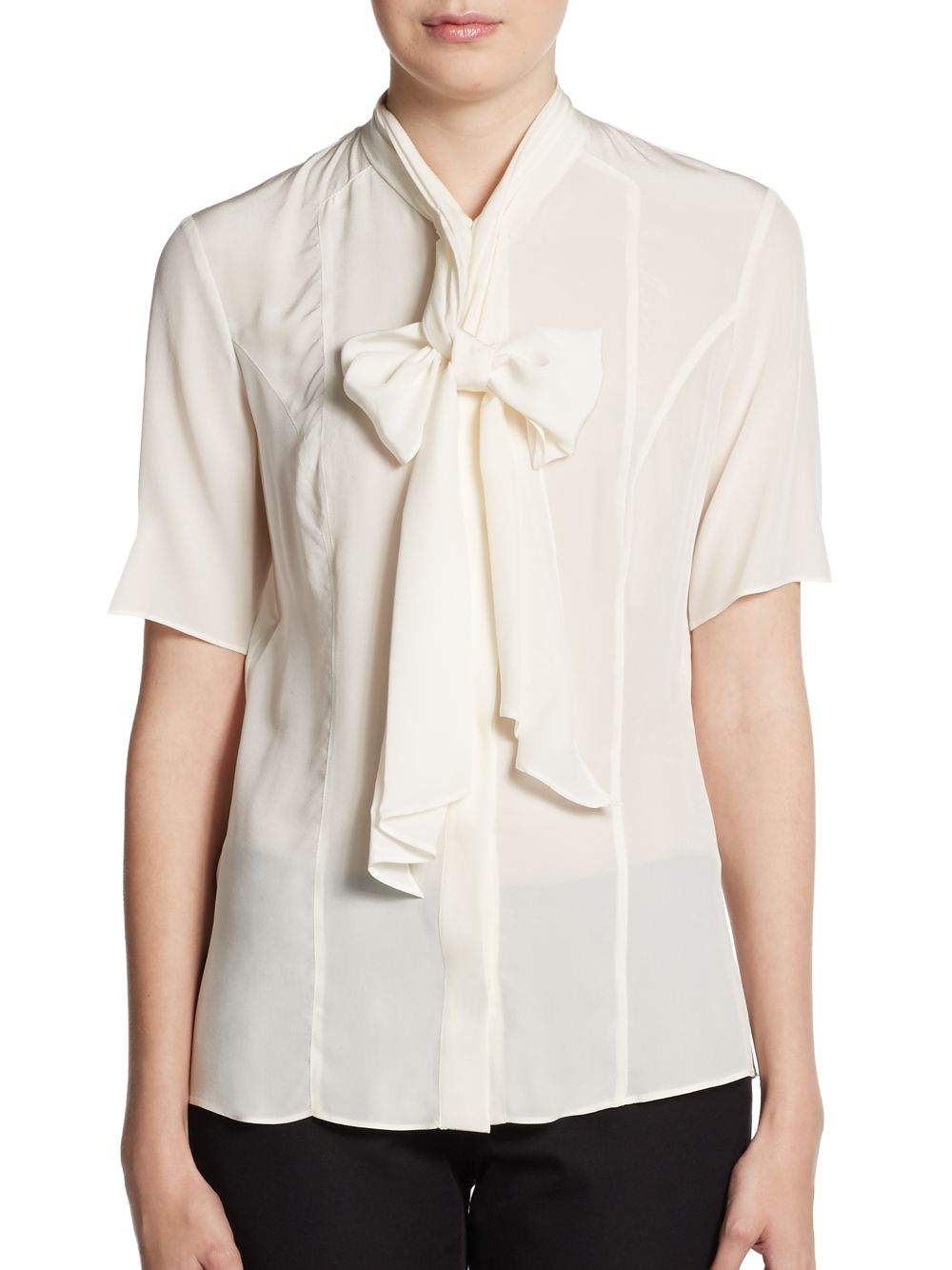 Derek Lam Silk Tie Neck Short Sleeve Blouse In White Ivory Lyst