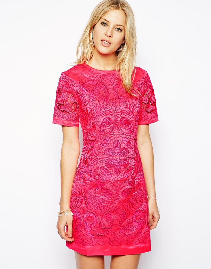 Asos Embroidered Cutwork Tshirt Dress In Pink Lyst
