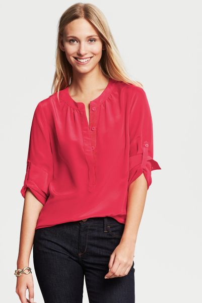 Banana Republic Silk Snap Front Blouse In Red Heartthrob Lyst