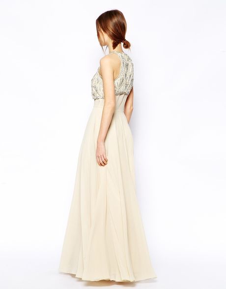 Asos Maxi Dress With Embellished Crop Top In Beige Cream Lyst