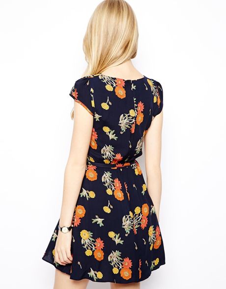 Asos Skater Dress With Pintucks In Floral Print In Blue Print Lyst
