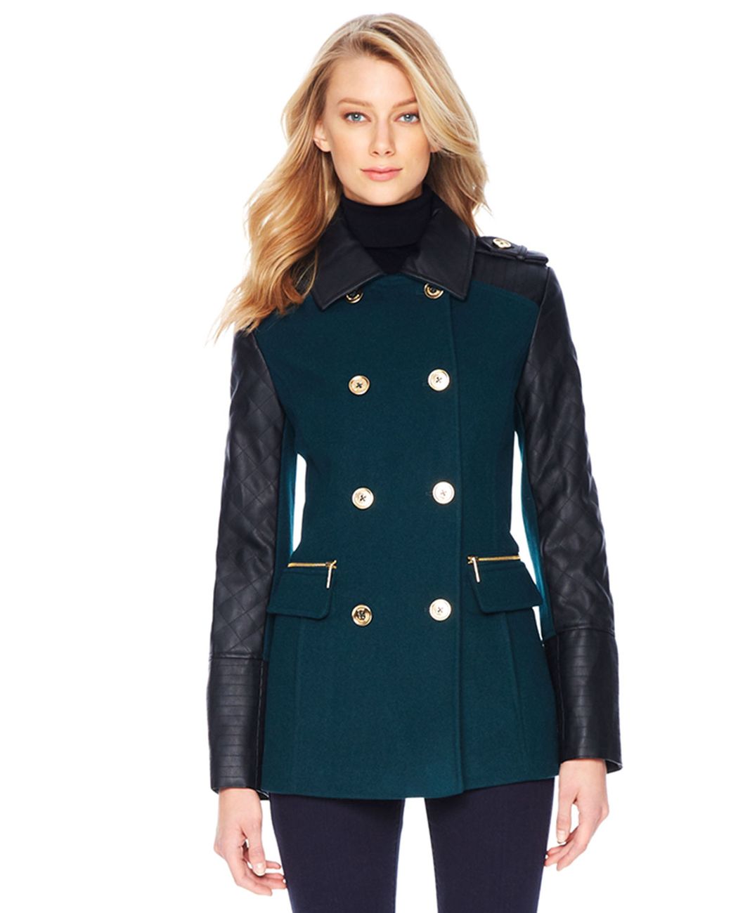 Michael Kors Michael Faux Leather Sleeve Wool Coat In Green Lyst