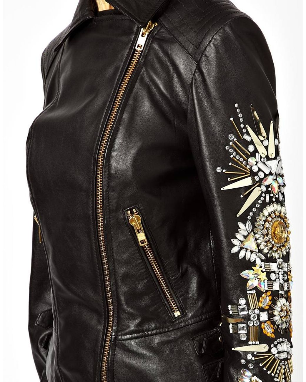 ASOS Leather Biker Jacket with Heavily Embellished Sleeve in Black | Lyst