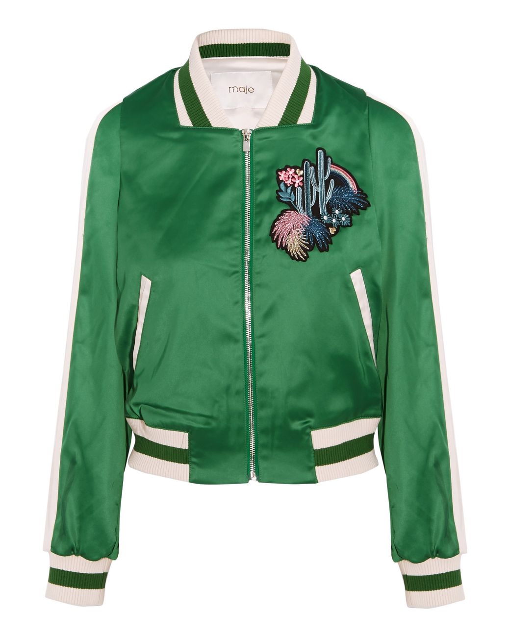 Maje Embroidered Stretch-satin Bomber Jacket in Green | Lyst UK