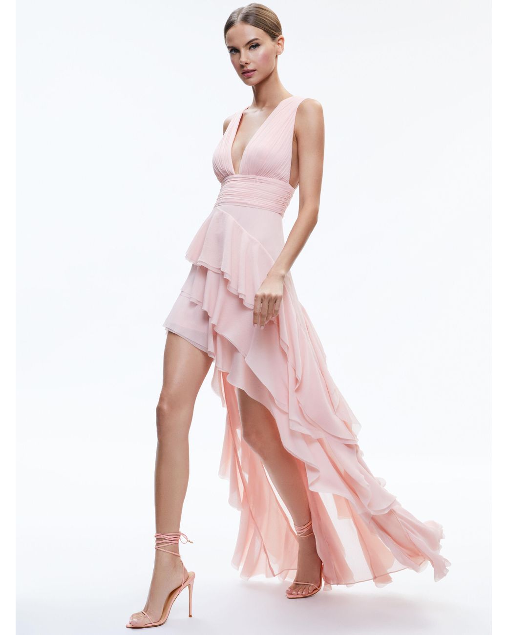 Alice + Olivia Holly Low Neck Asymmetric Ruffled Maxi Dress in Pink | Lyst