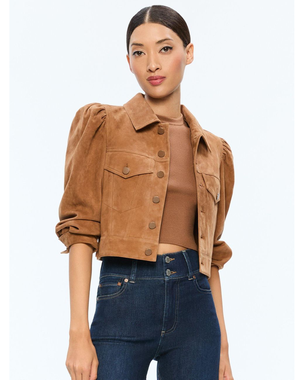 Alice + Olivia Lana Suede Puffed Sleeve Jacket in Blue | Lyst