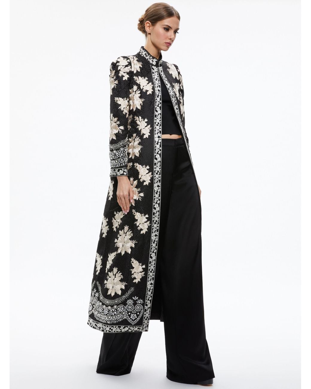 Alice + Olivia Thomas Embroidered Maxi Coat in Black | Lyst