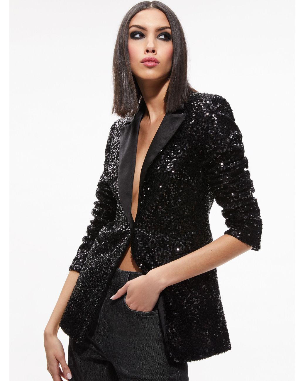 Alice Olivia Breann Sequin Fitted Blazer In Black Lyst