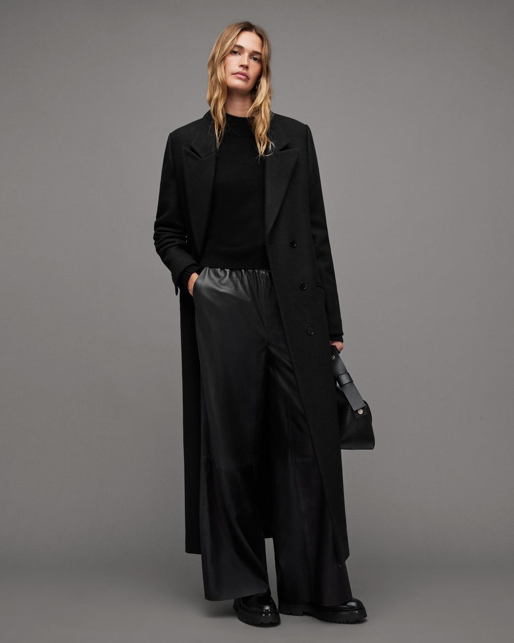 AllSaints Ellen Long Line Double Breasted Coat in Black | Lyst