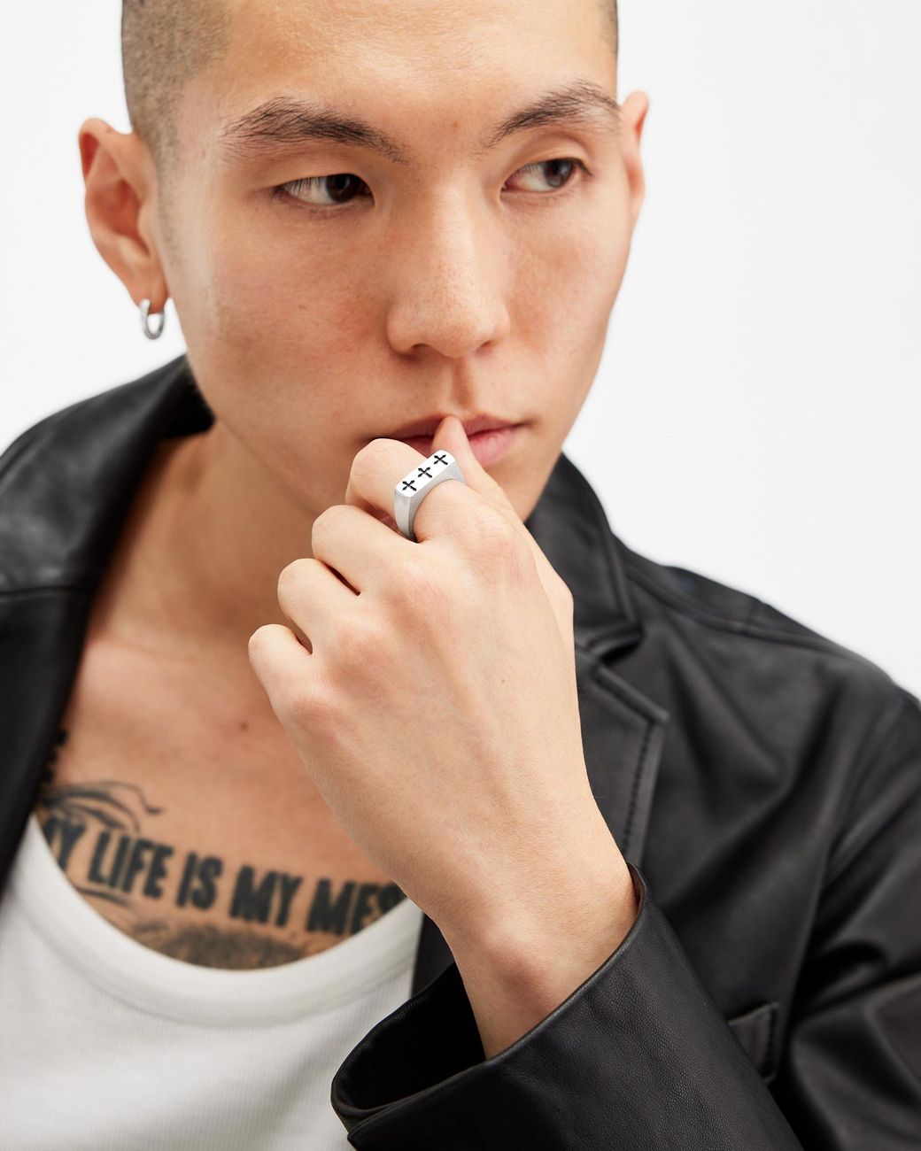 AllSaints Solar Fide Engraved Cross Ring in Black for Men | Lyst