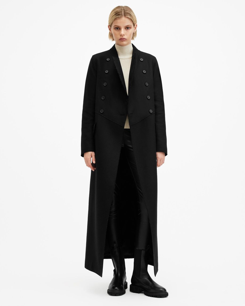 AllSaints Blaize Long Line Slim Fit Coat in Black | Lyst