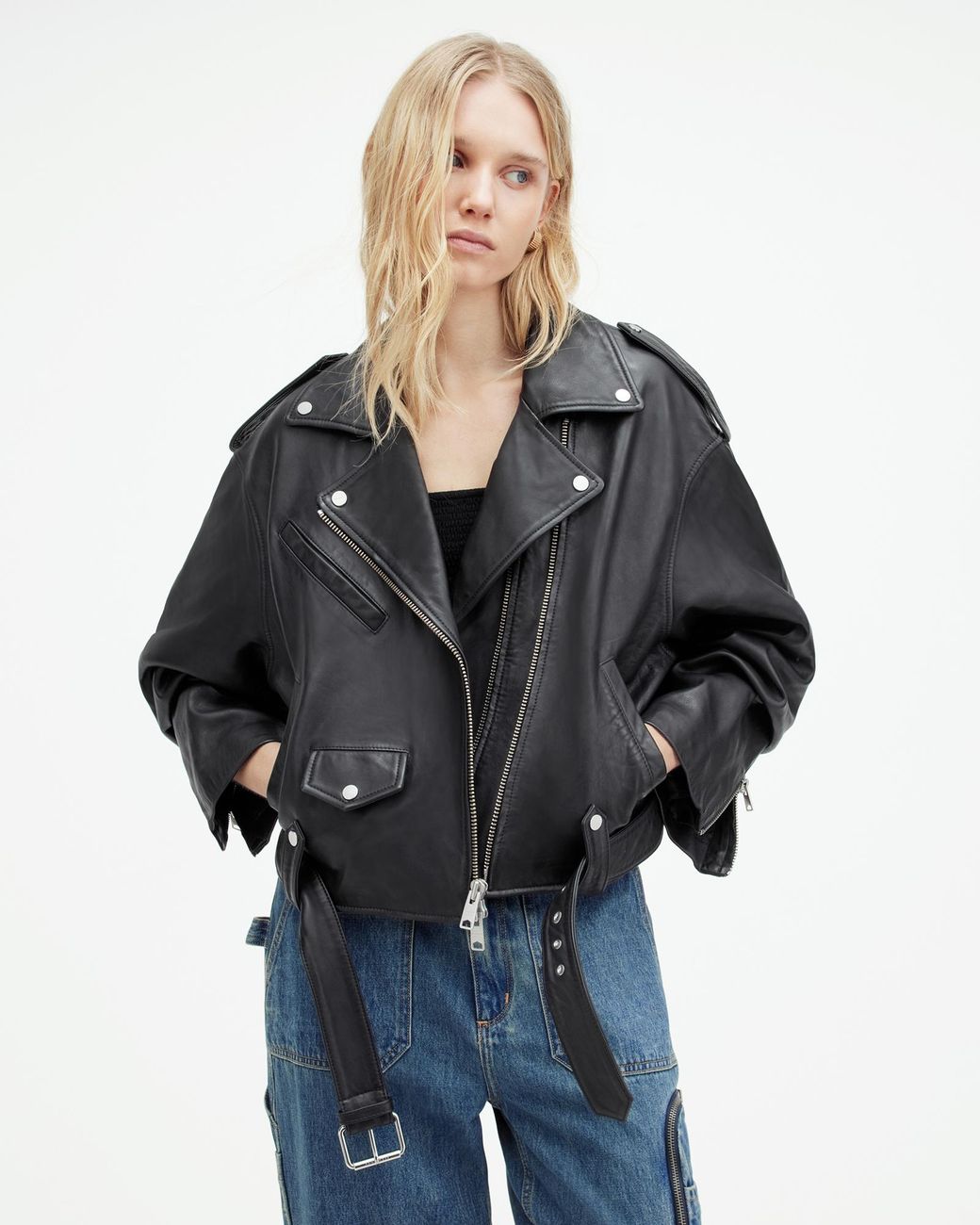 AllSaints Dayle Oversized Leather Biker Jacket in Black | Lyst