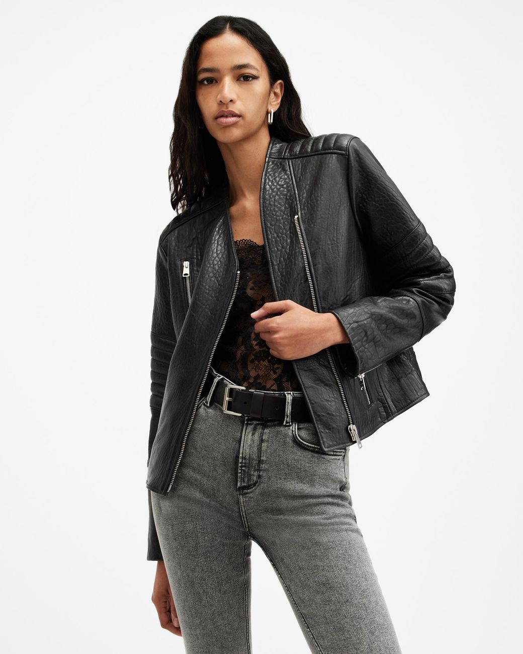 AllSaints Cawley Funnel Neck Leather Biker Jacket in Black | Lyst