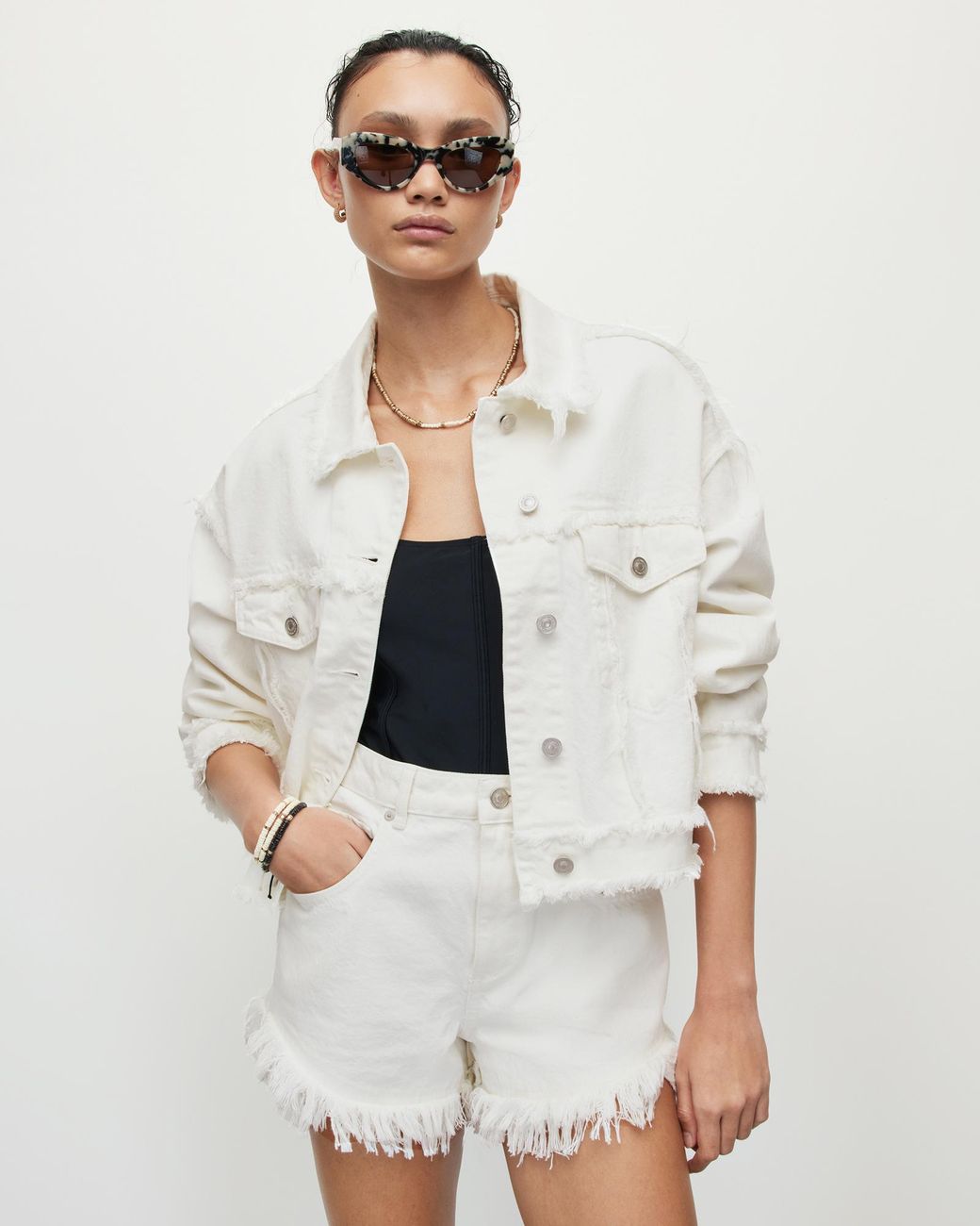 AllSaints Claude Frayed Denim Jacket in White | Lyst UK