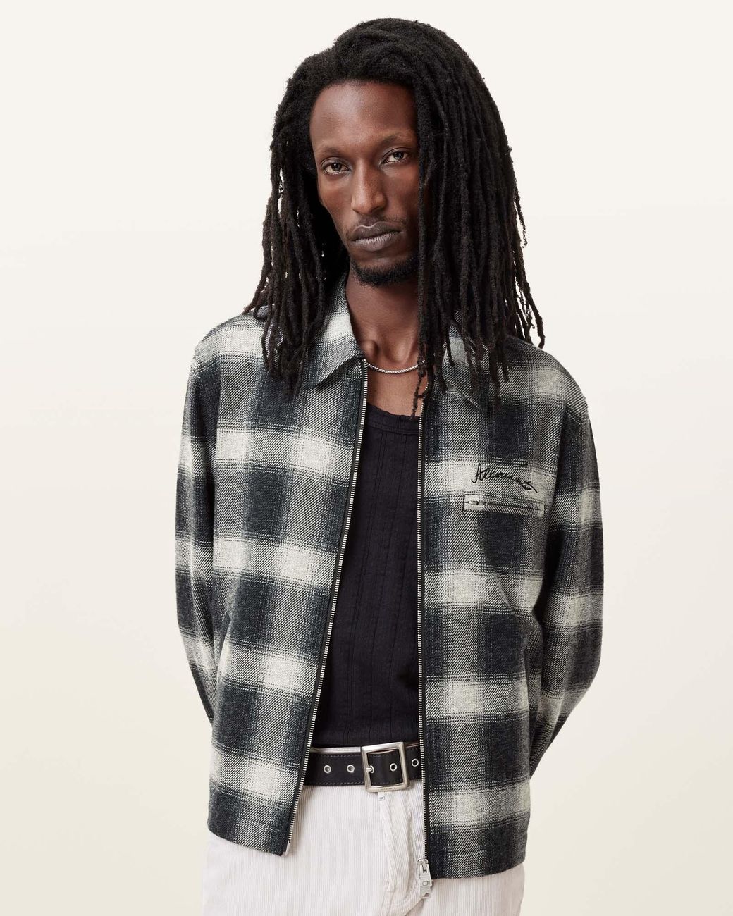 AllSaints Ellis Checked Embroidered Zip Up Jacket in Black for Men ...