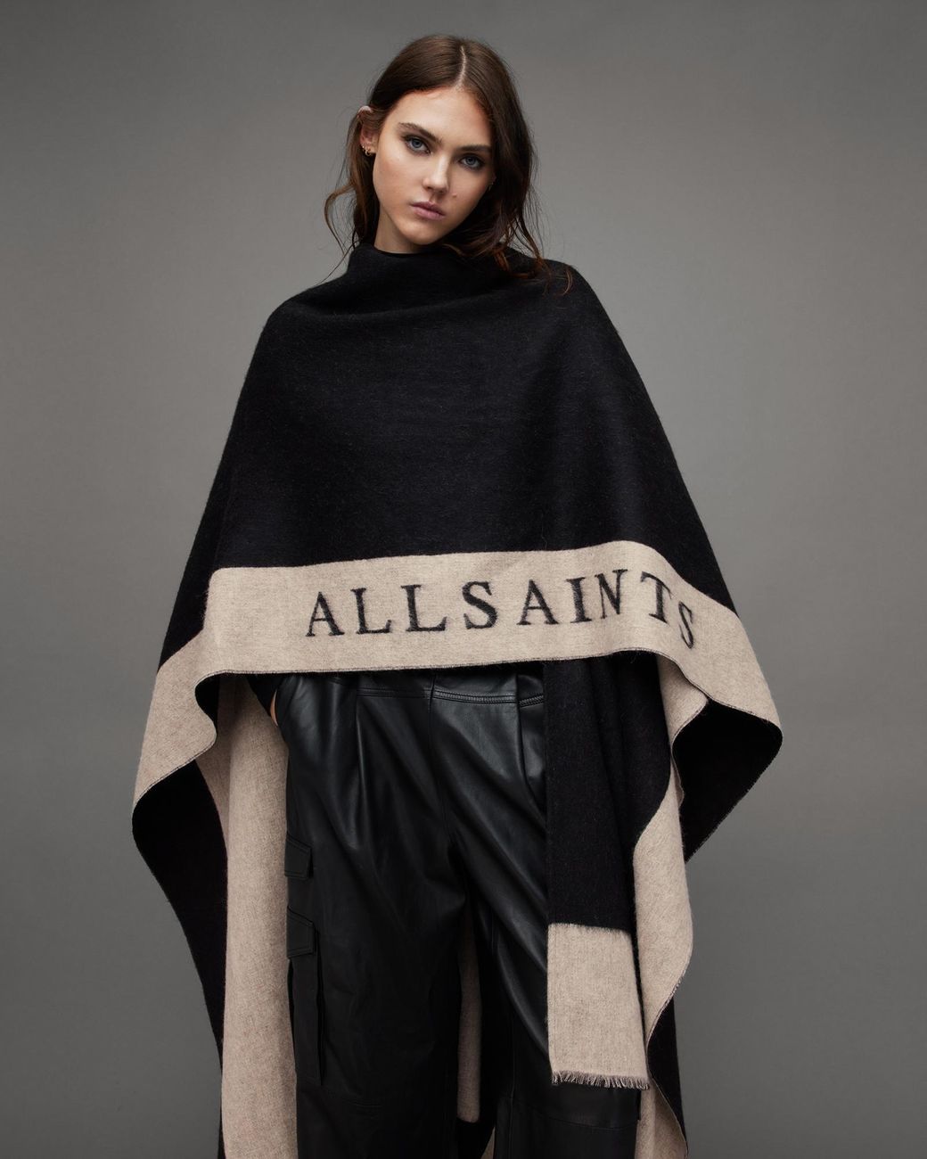 AllSaints Saints Logo Border Ruana Max Scarf, in Black | Lyst UK