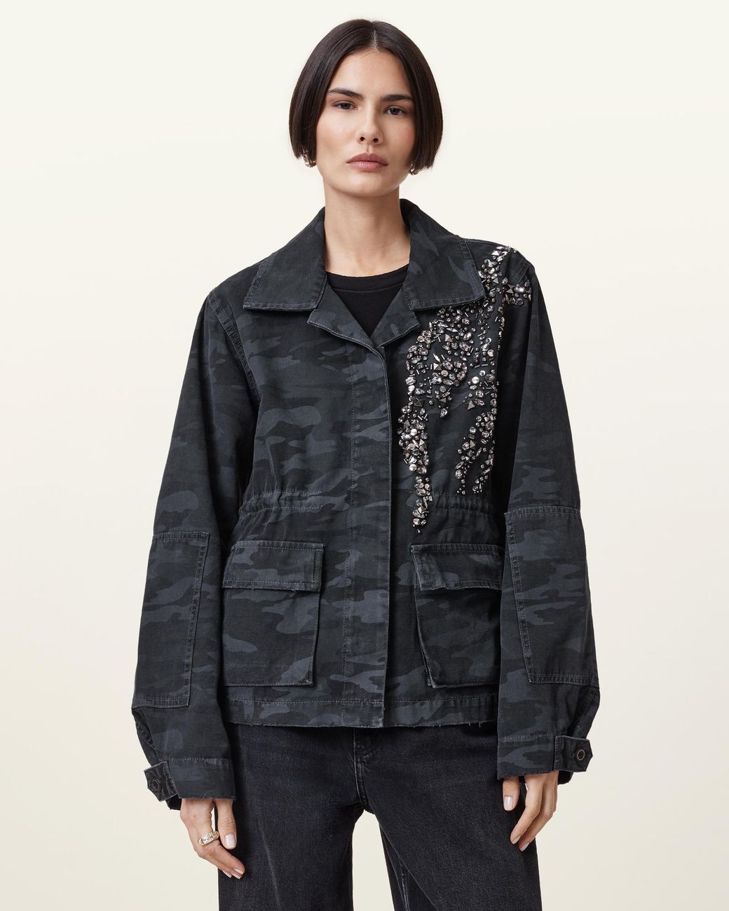 AllSaints Finch Camouflage Denim Jacket in Blue | Lyst