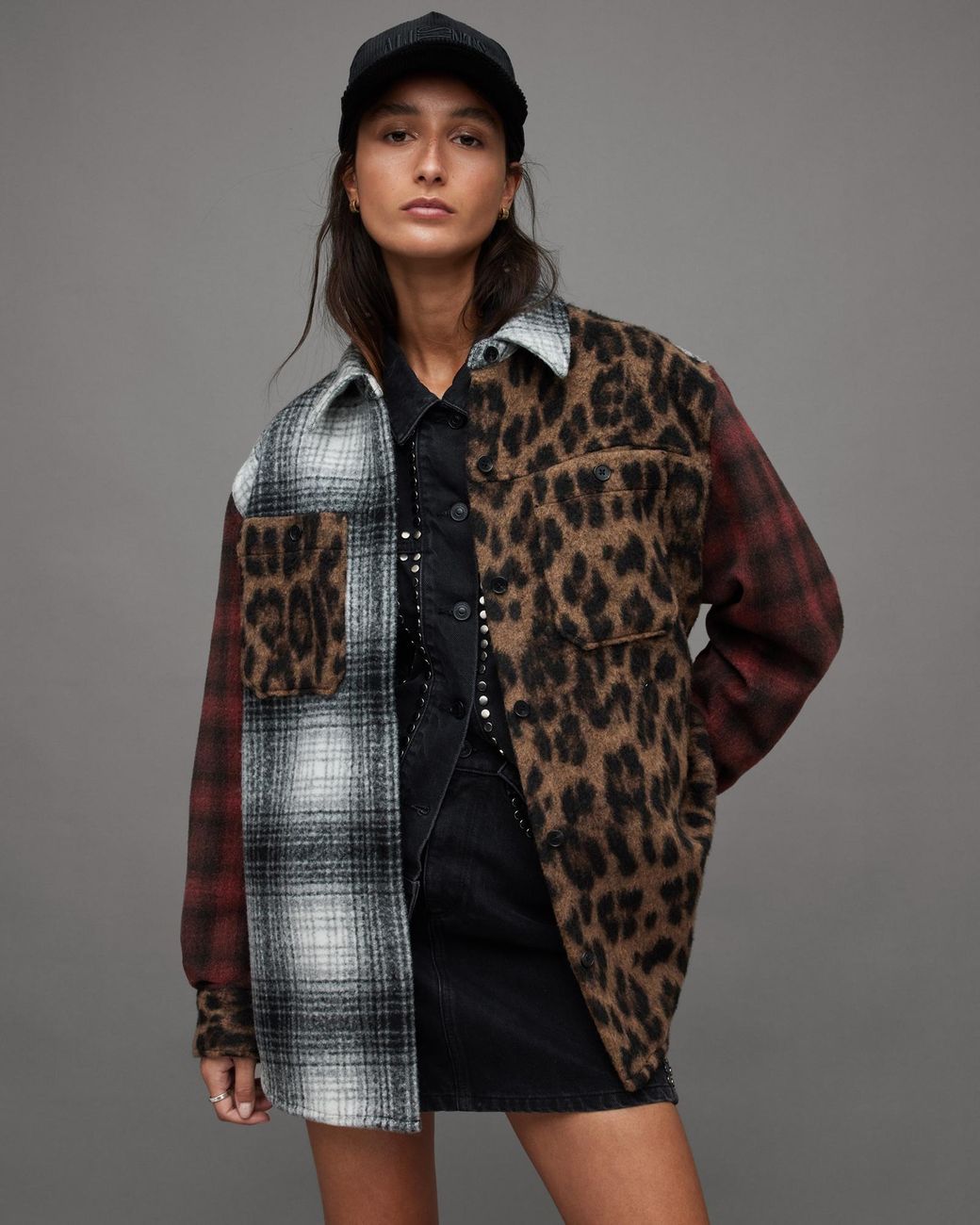 AllSaints Monica Mixed Check Leopard Print Shacket in Grey | Lyst UK