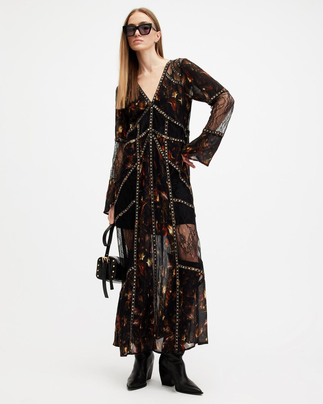 AllSaints Bryn Embellished Panelled Maxi Dress in White | Lyst