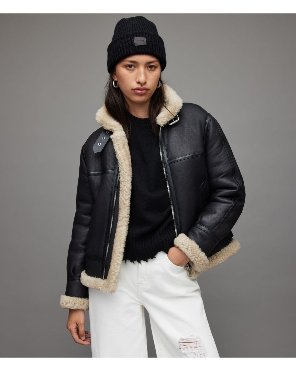 AllSaints Lorel Flying Shearling Jacket in Black | Lyst