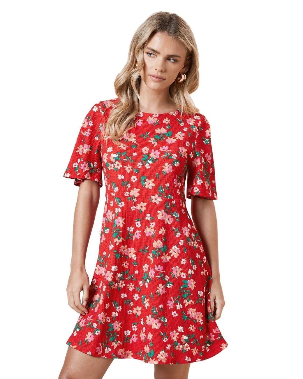 Dorothy Perkins Petite Red Floral Angel Sleeve Mini Dress | Lyst UK