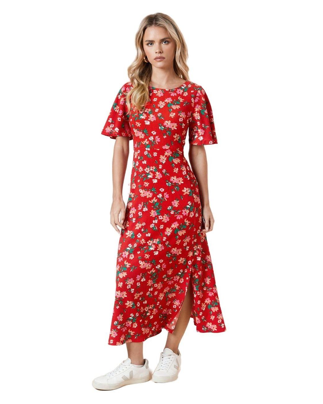 Dorothy Perkins Petite Red Floral Angel Sleeve Midi Dress | Lyst UK
