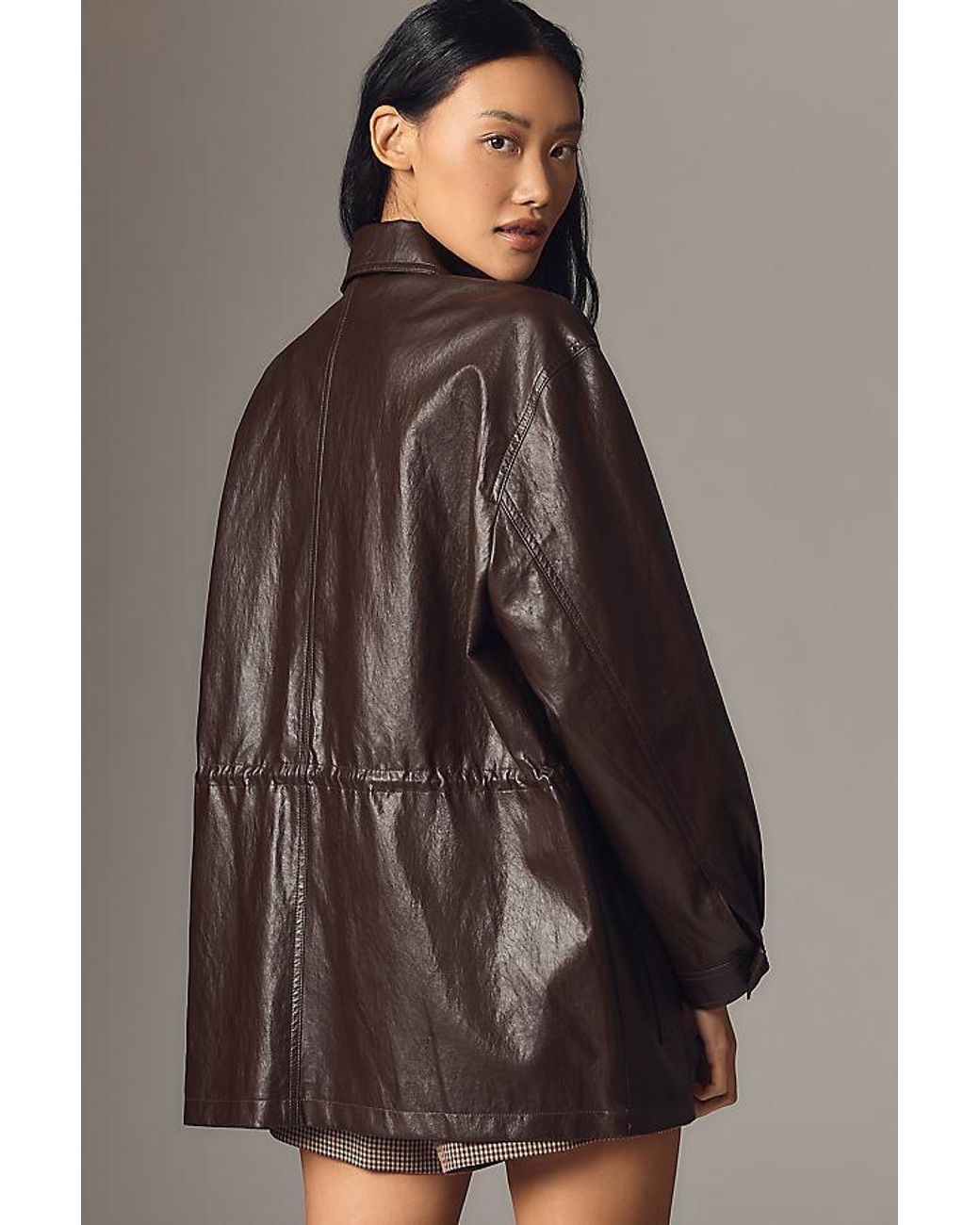 By Anthropologie Cinched-Waist Faux-Leather Jacket in Brown | Lyst UK