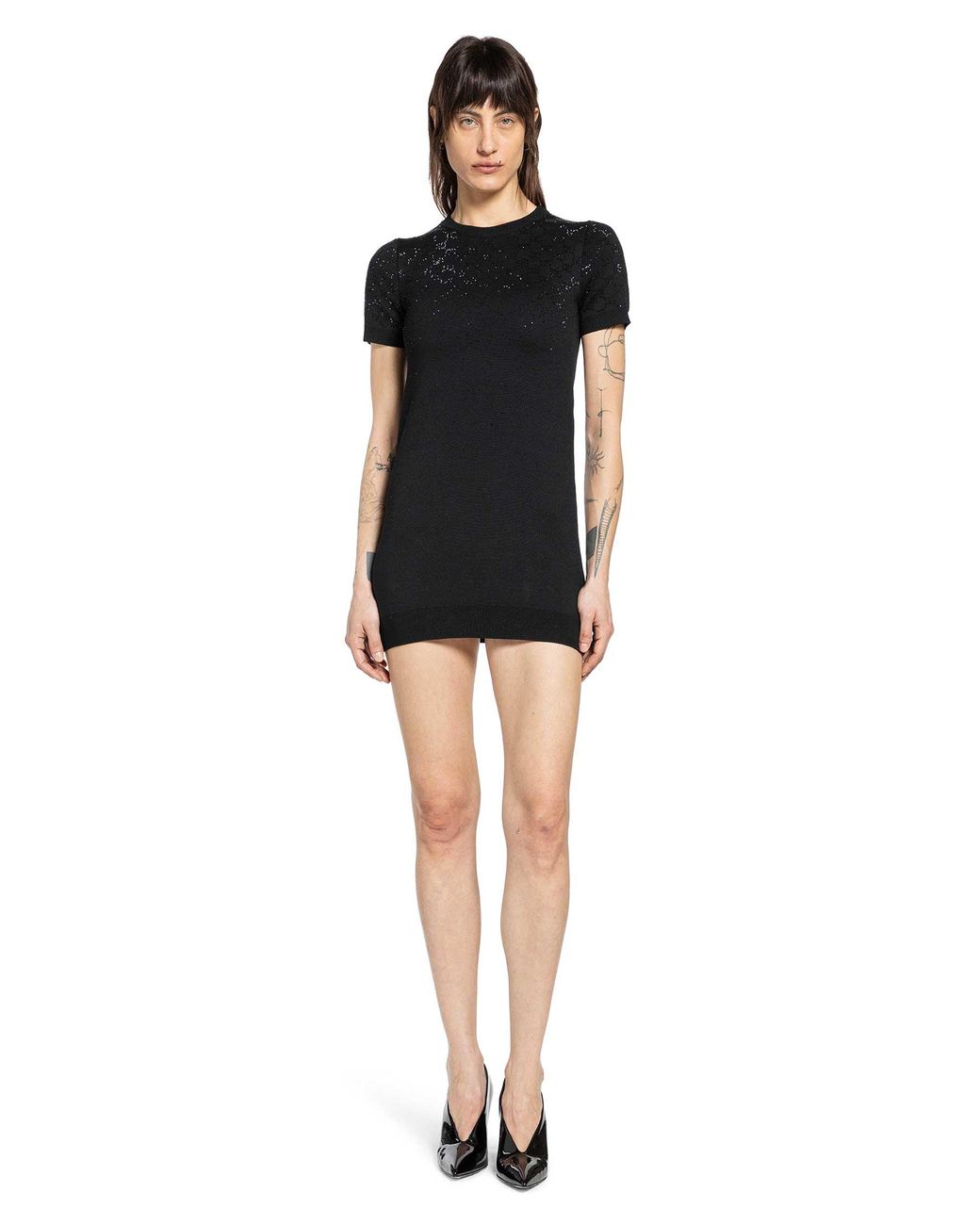Gucci Fine Wool Mini Dress With Gg Crystals in Black | Lyst UK