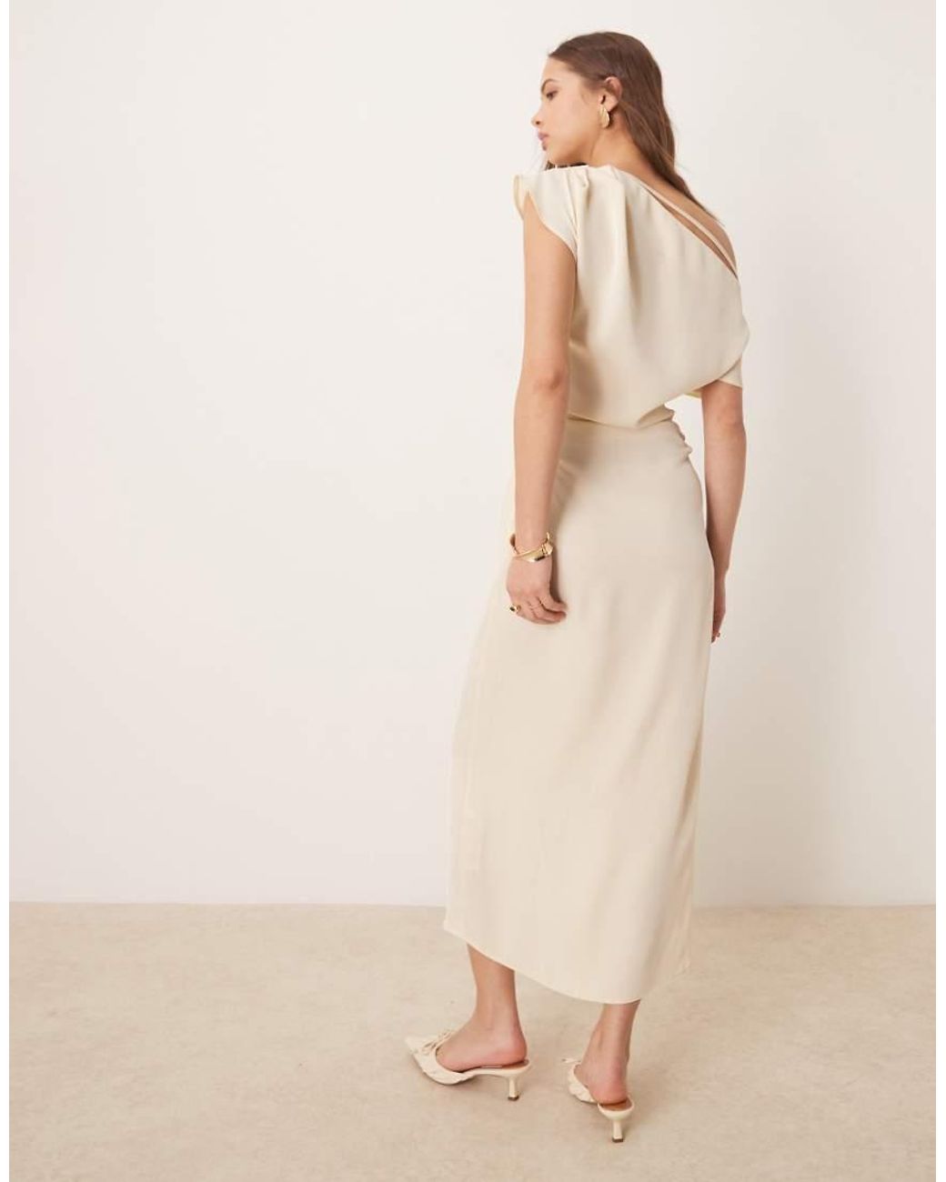 ASOS Fallen Shoulder Strap Detail Drape Midi Dress in Natural | Lyst UK