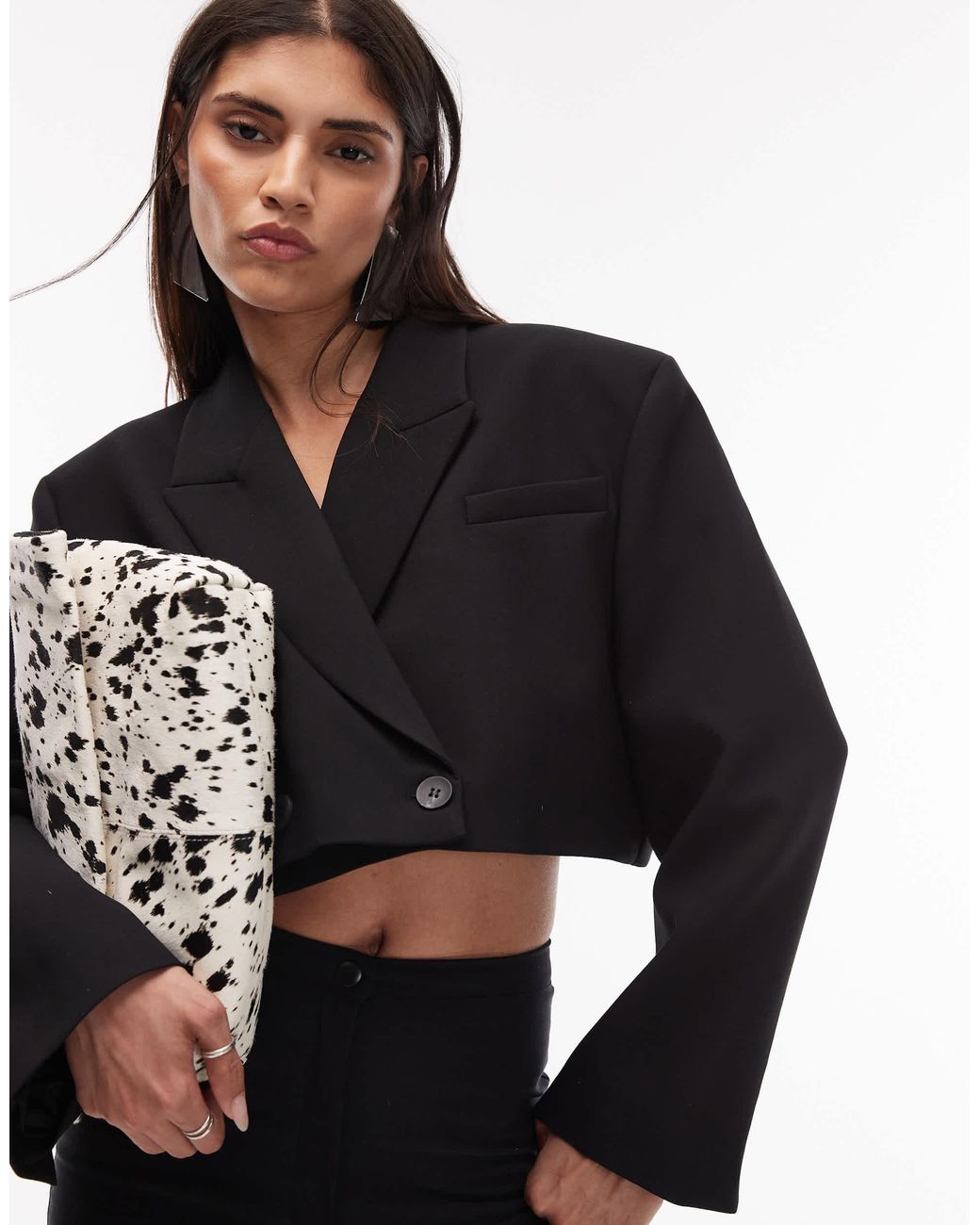 ASOS Double Breasted Crop Boxy Blazer With Shoulder Pads in Black | Lyst