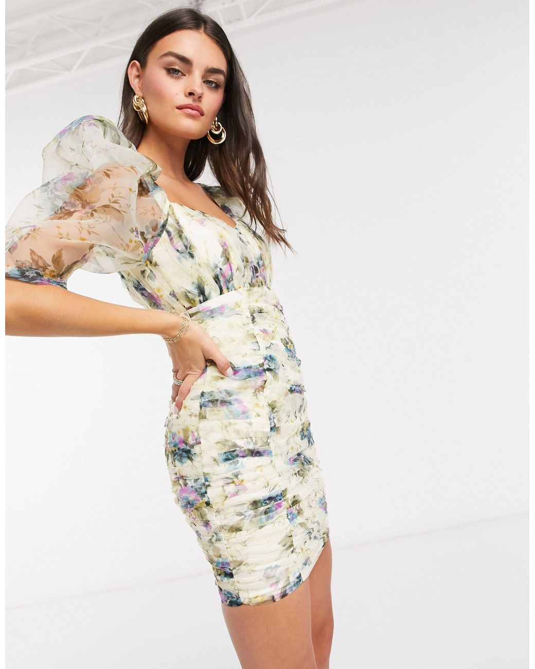 Asos Floral Organza Ruched Mini Dress With Puff Sleeve Lyst