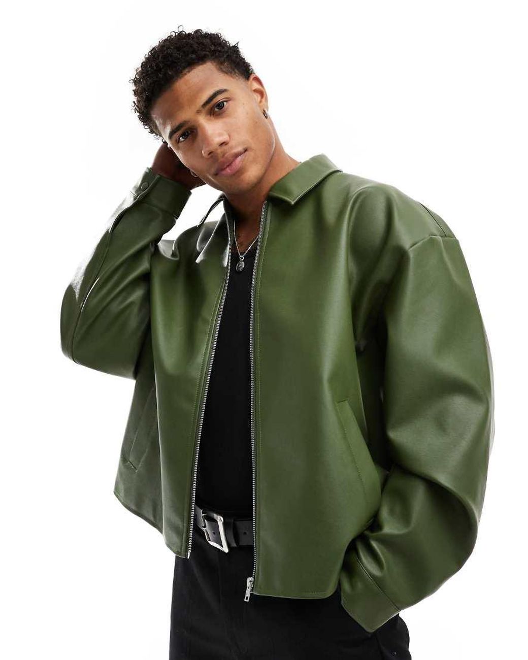 ASOS Boxy Oversized Faux Leather Harrington Jacket in Green for Men ...