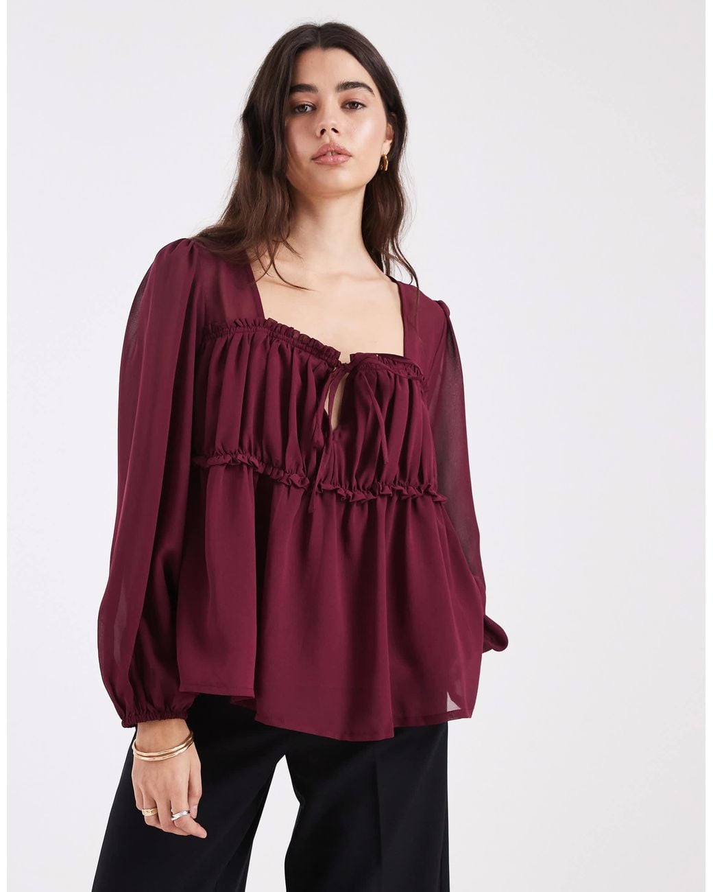 ASOS Sheer Yoke Ruched Detail Blouse in Red | Lyst