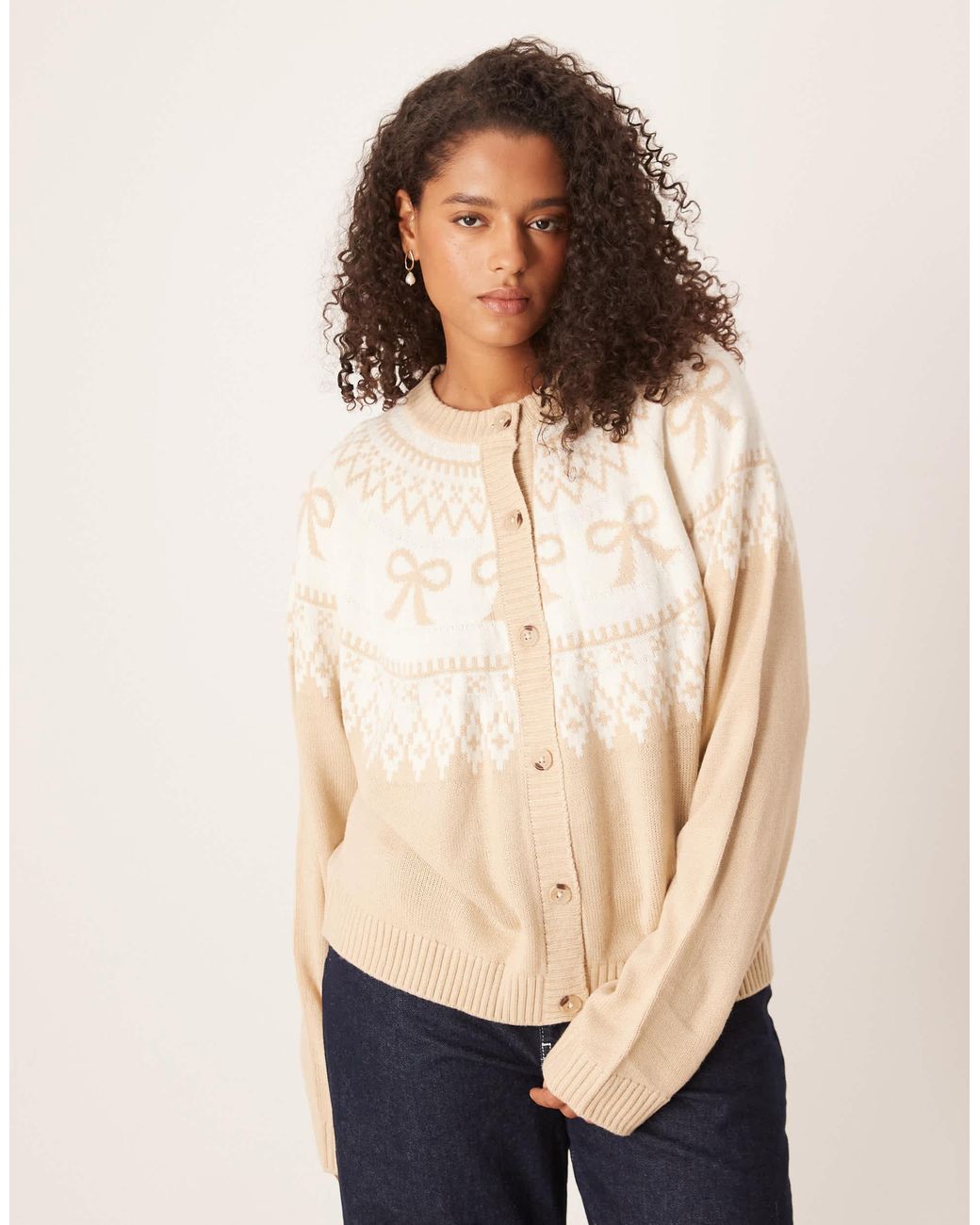 ASOS Asos Design Curve Bow Detail Yoke Cardigan in Natural | Lyst