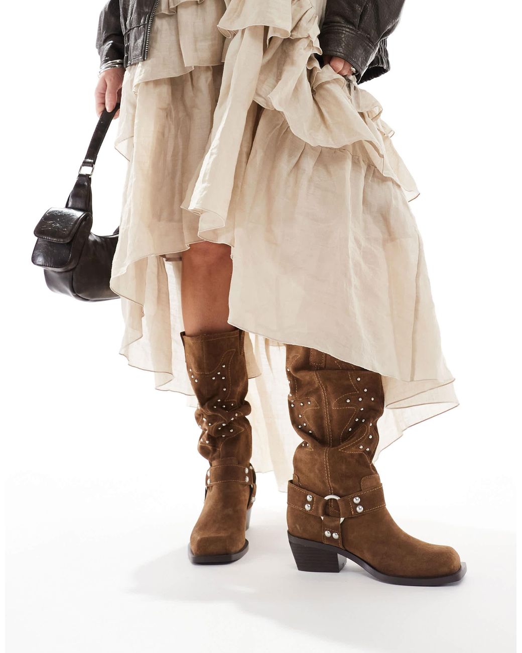 Stradivarius Real Suede Slouchy Western Boot With Studs in Natural | Lyst