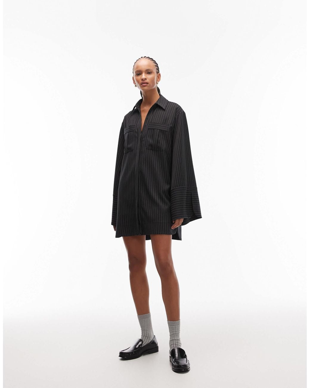 ASOS Mini Shirt Dress With Wide Cuffs And Oversized Pockets in Black | Lyst