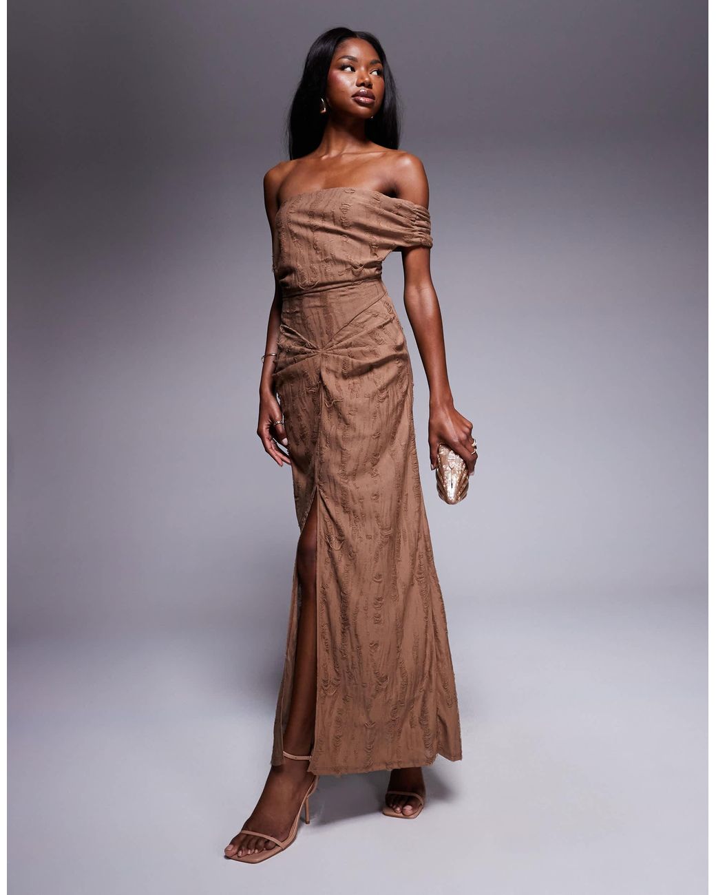 ASOS Textured Distressed Bardot Midi Dress With Raw Panels in Brown | Lyst