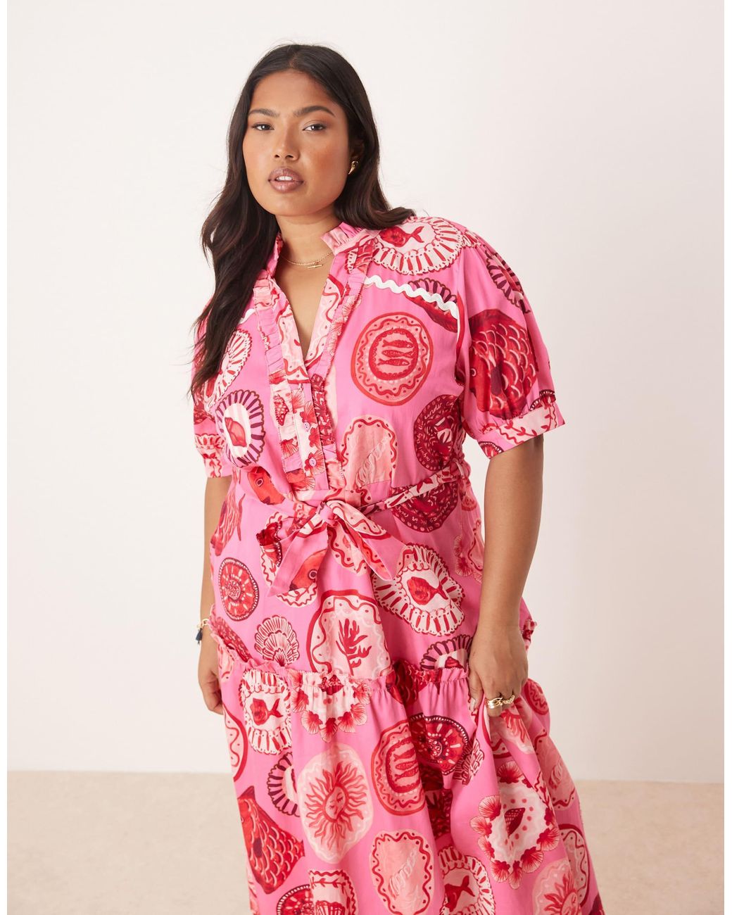 Hope & Ivy Plus Puff Sleeve Midi Shirt Dress in Pink | Lyst