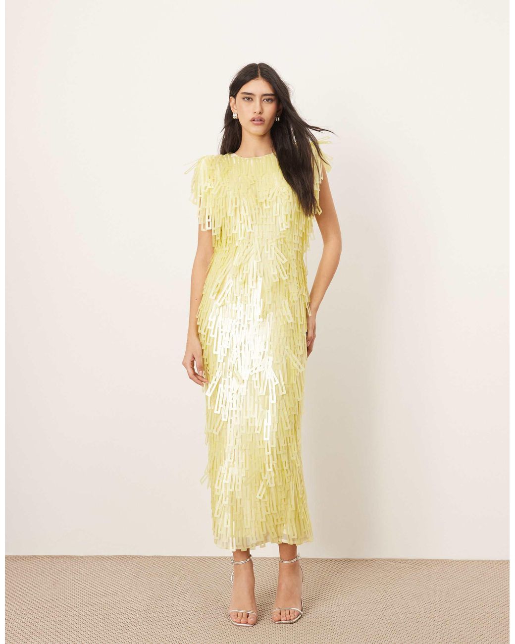 ARRANGE Embellished Geo Sequin Shoulder Pad Midi Dress in Yellow | Lyst