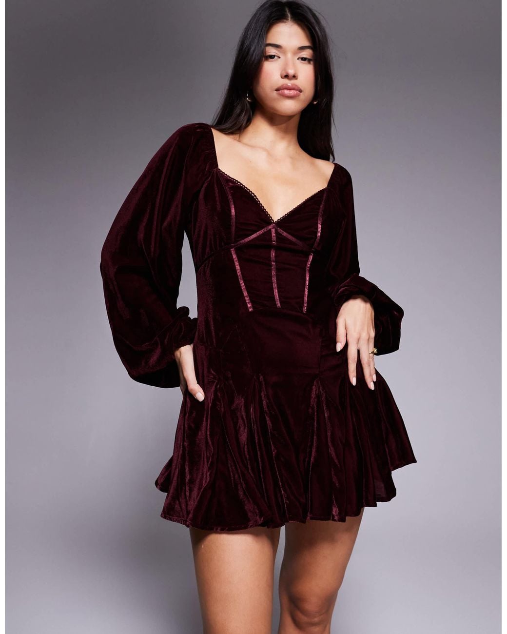 ASOS Velvet Corset Detail Blouson Sleeve Mini Dress in Purple | Lyst