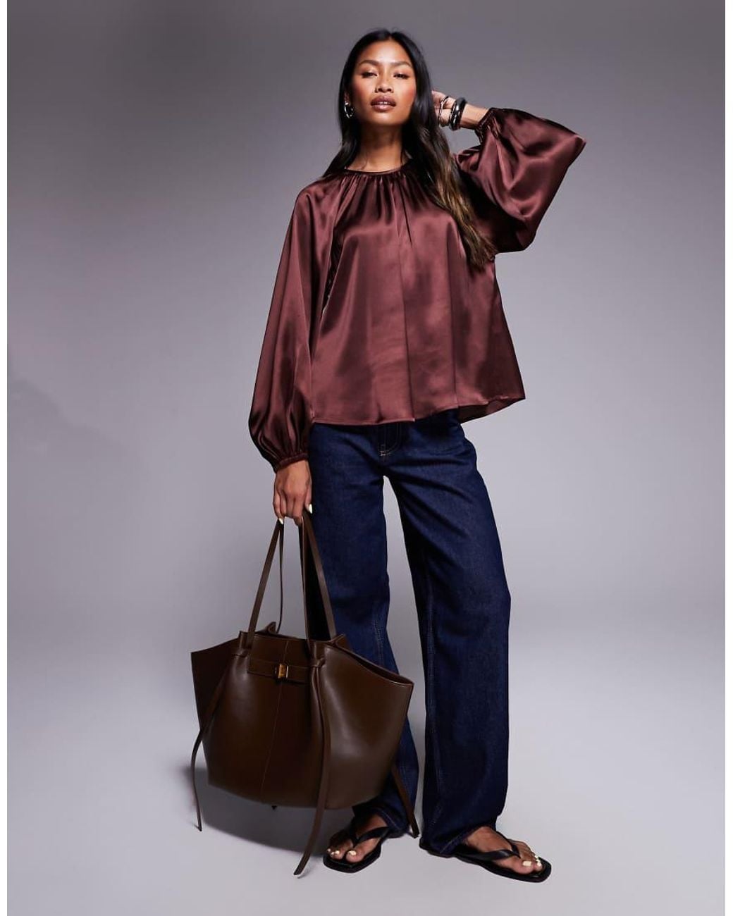 ASOS Volume Sleeve Satin Blouse in Brown | Lyst UK