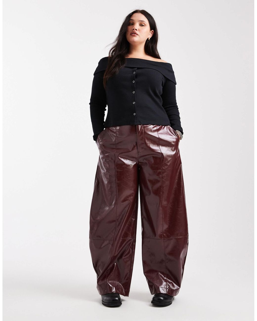 ASOS Curve Faux Leather Barrel Leg Trousers With Tab Detail in Red | Lyst